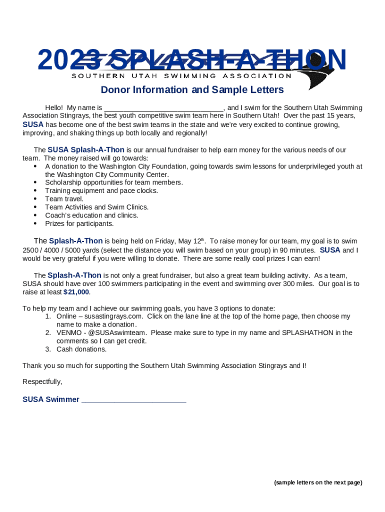 2023 SPLASH-A-THON Donor Ination and Sample Letters Doc Template | pdfFiller