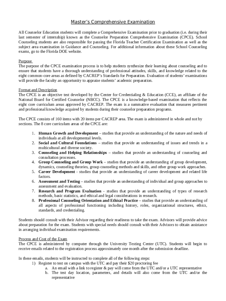 Ination of Master's Comprehensive Exams Doc Template | pdfFiller