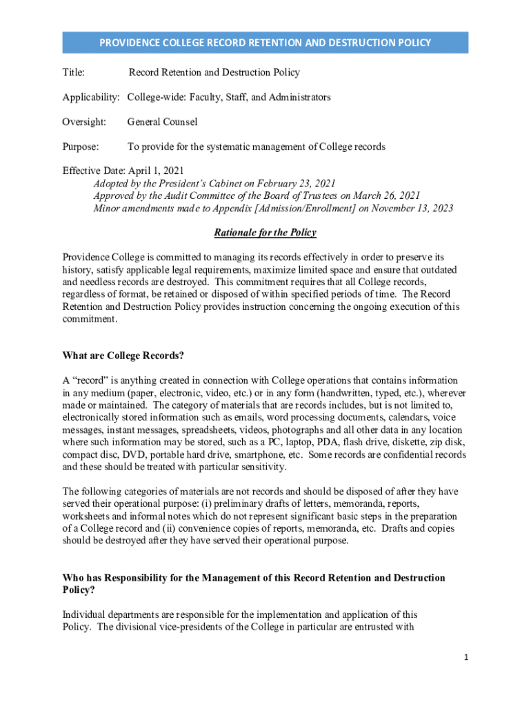 Fillable Online Record Retention and Destruction PolicyGeneral Counsel ...