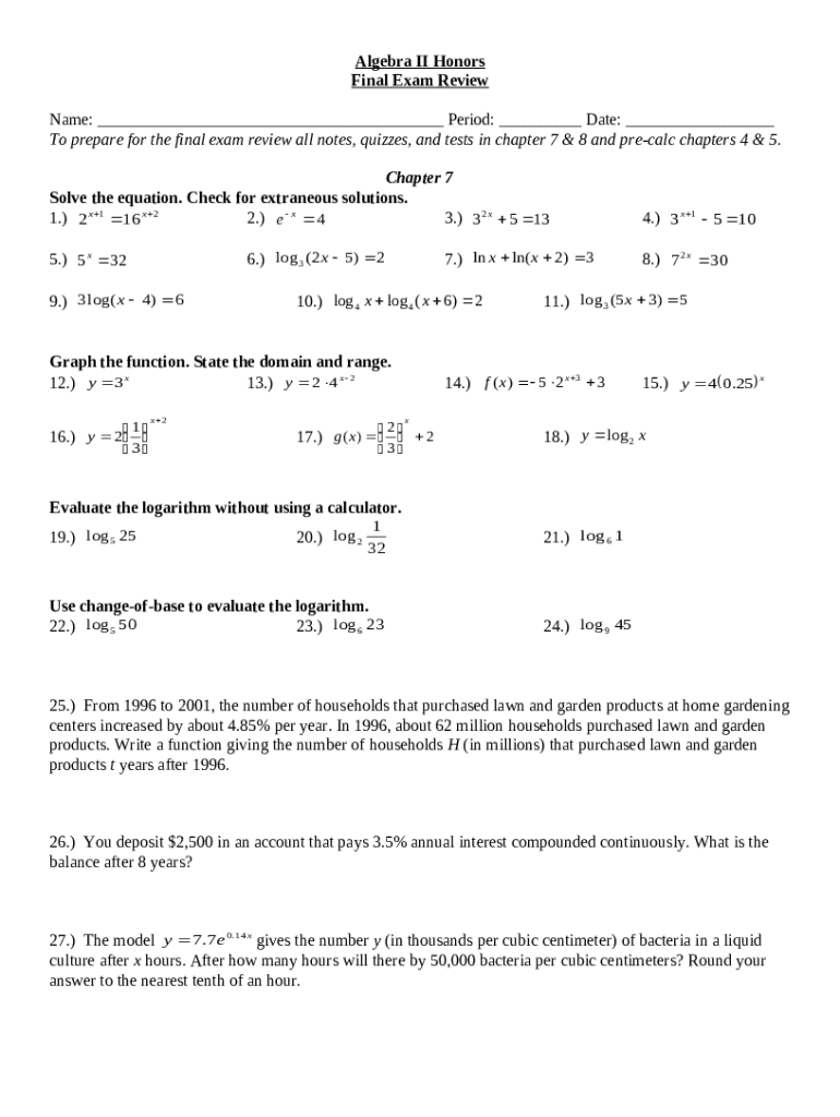 Honors Algebra II - Final Exam Review - YouTube Doc Template | pdfFiller