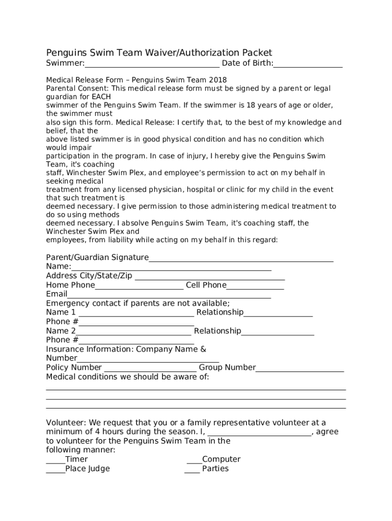 Penguins Swim Team Waiver/Authorization Packet Doc Template | pdfFiller