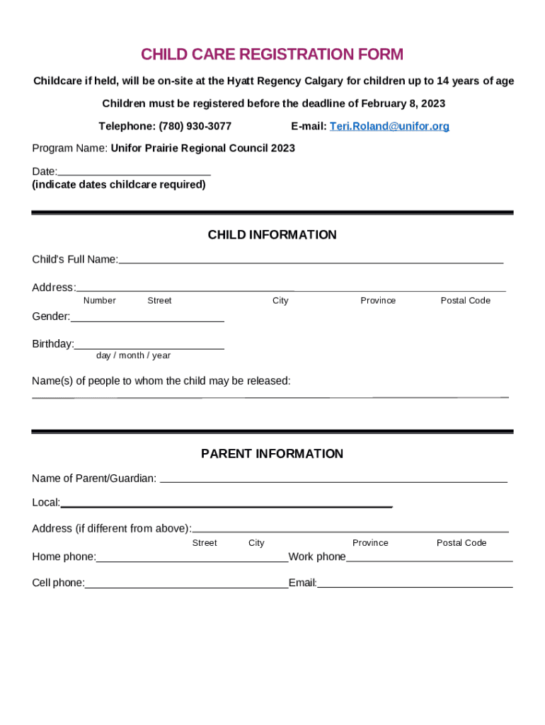 Child care registration - Unifor Doc Template | pdfFiller