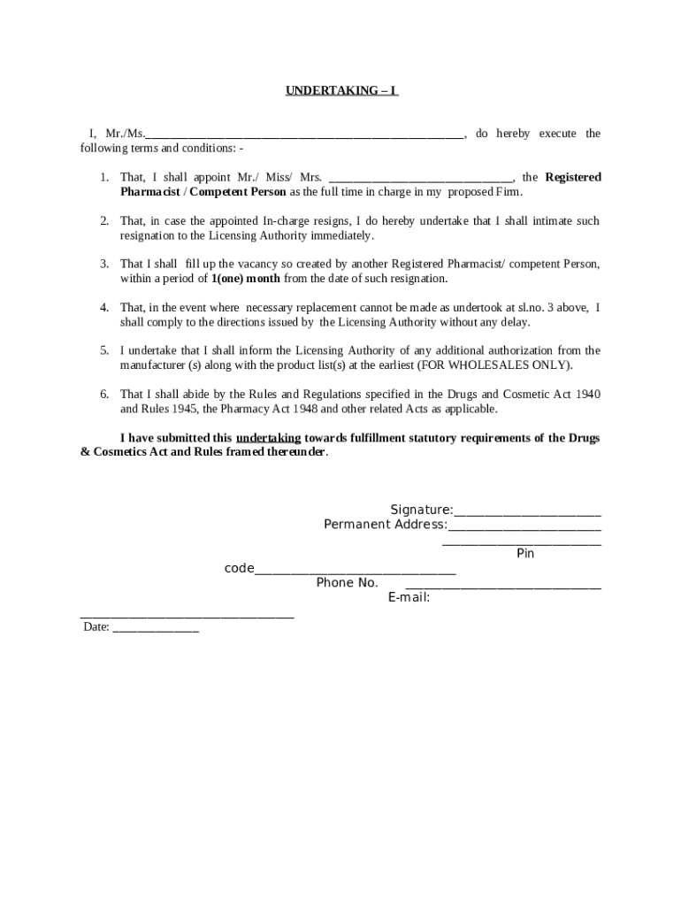 of undertaking to be submitted by registered pharmacist Doc Template | pdfFiller