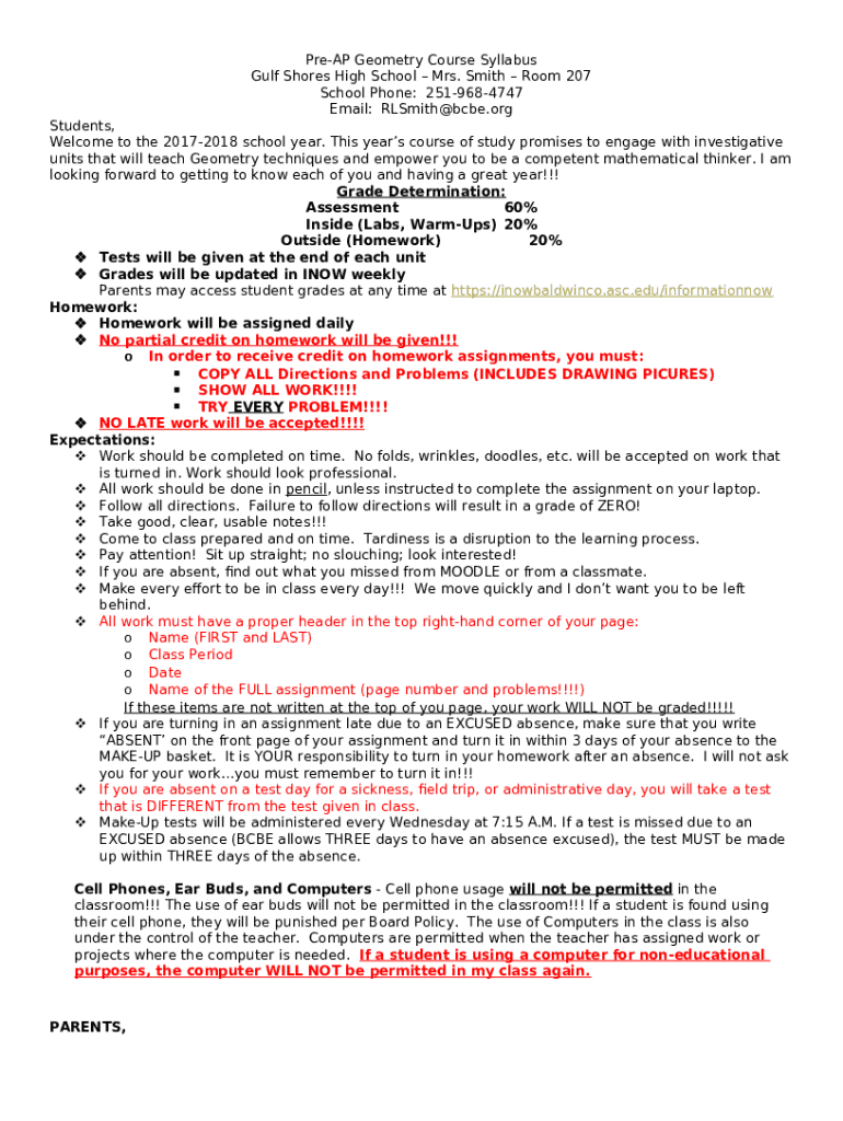 Geometry Concepts I Course Syllabus Doc Template | pdfFiller