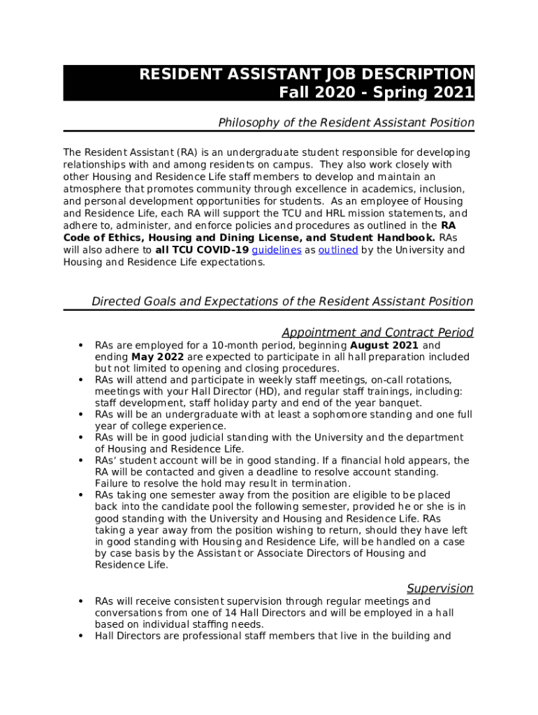 Resident Assistant Job Description - Housing & Dining Services Doc ...