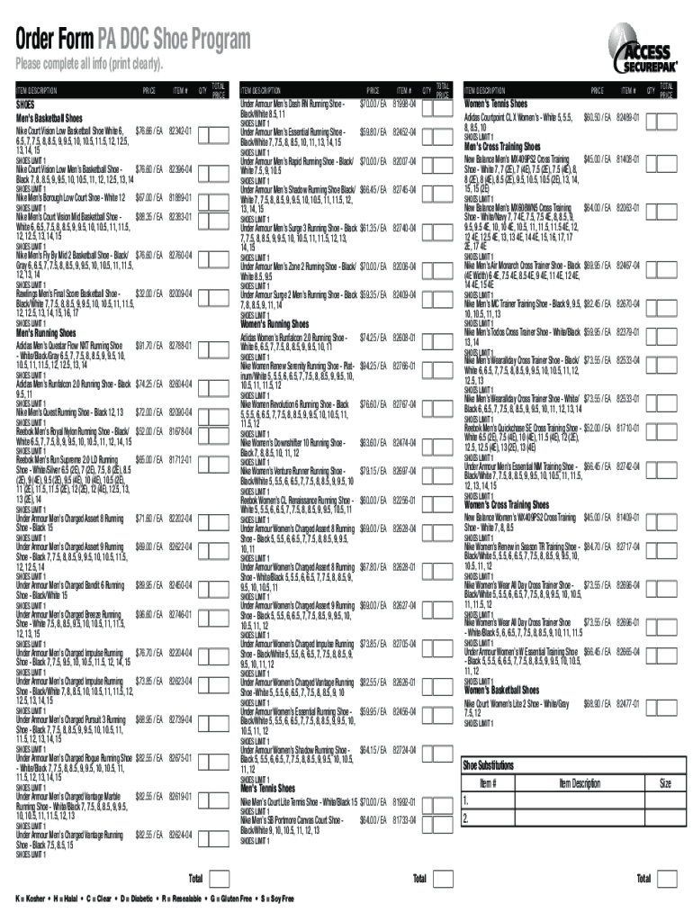 Fillable Online Order Form PA DOC Shoe Program Fax Email Print - pdfFiller