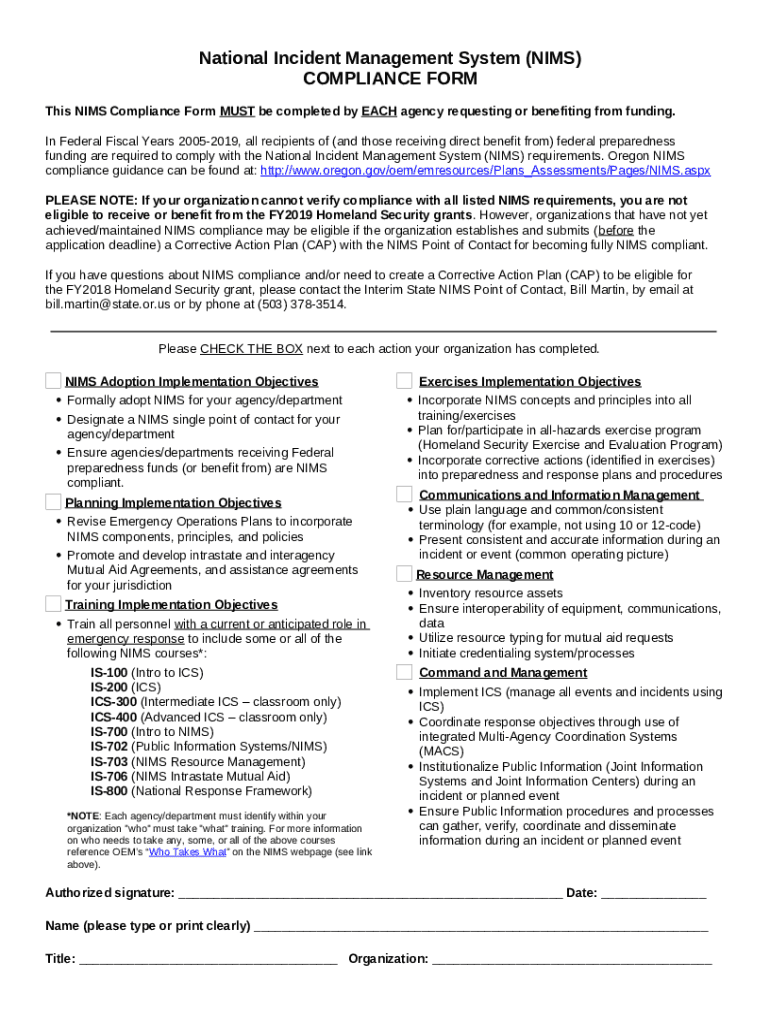 FY2019 SHSP NIMS Compliance Doc Template | pdfFiller