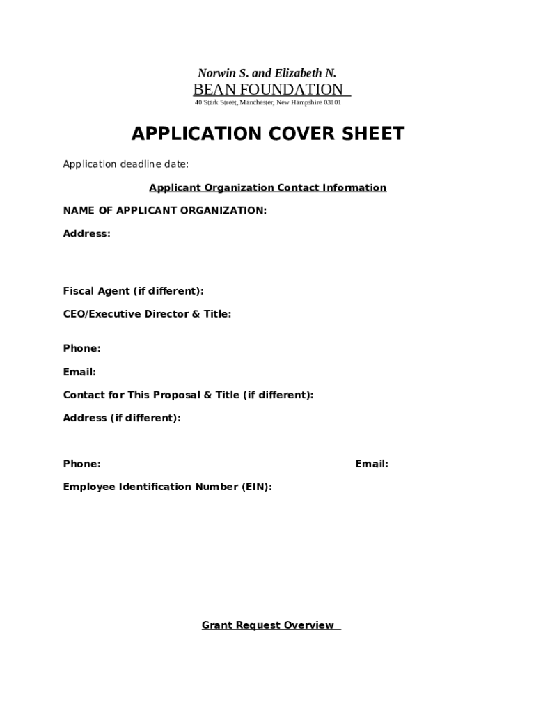 application cover sheet - Bean Foundation Doc Template | pdfFiller