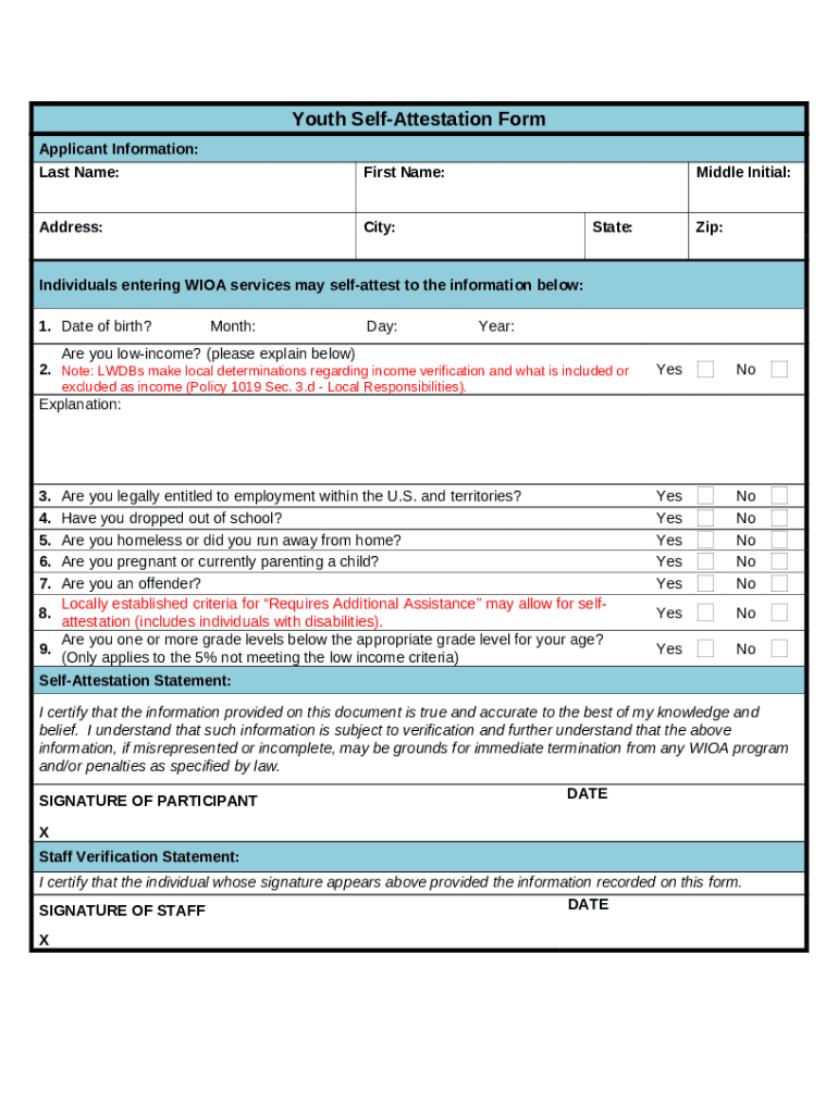 WIOA Youth Self-Attestation Applicant Ination ... Doc Template | pdfFiller