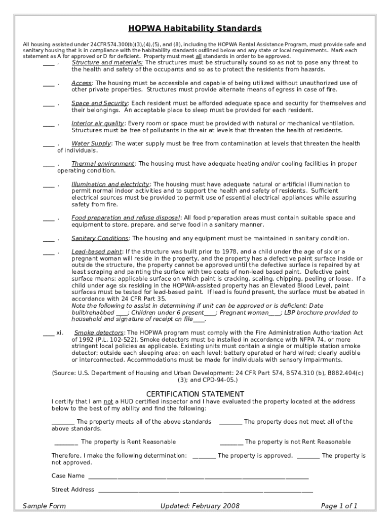 Online hopwa hqs habitability standards Fax ... Doc Template | pdfFiller