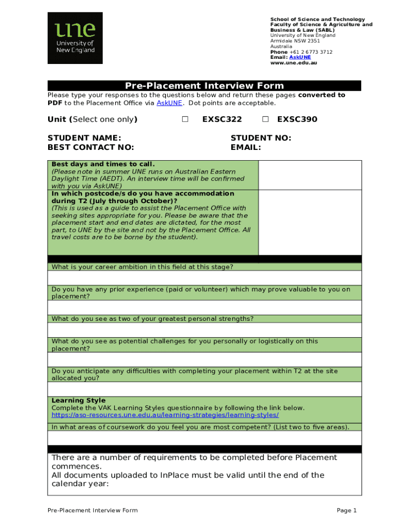 Pre-Placement Interview Doc Template | pdfFiller
