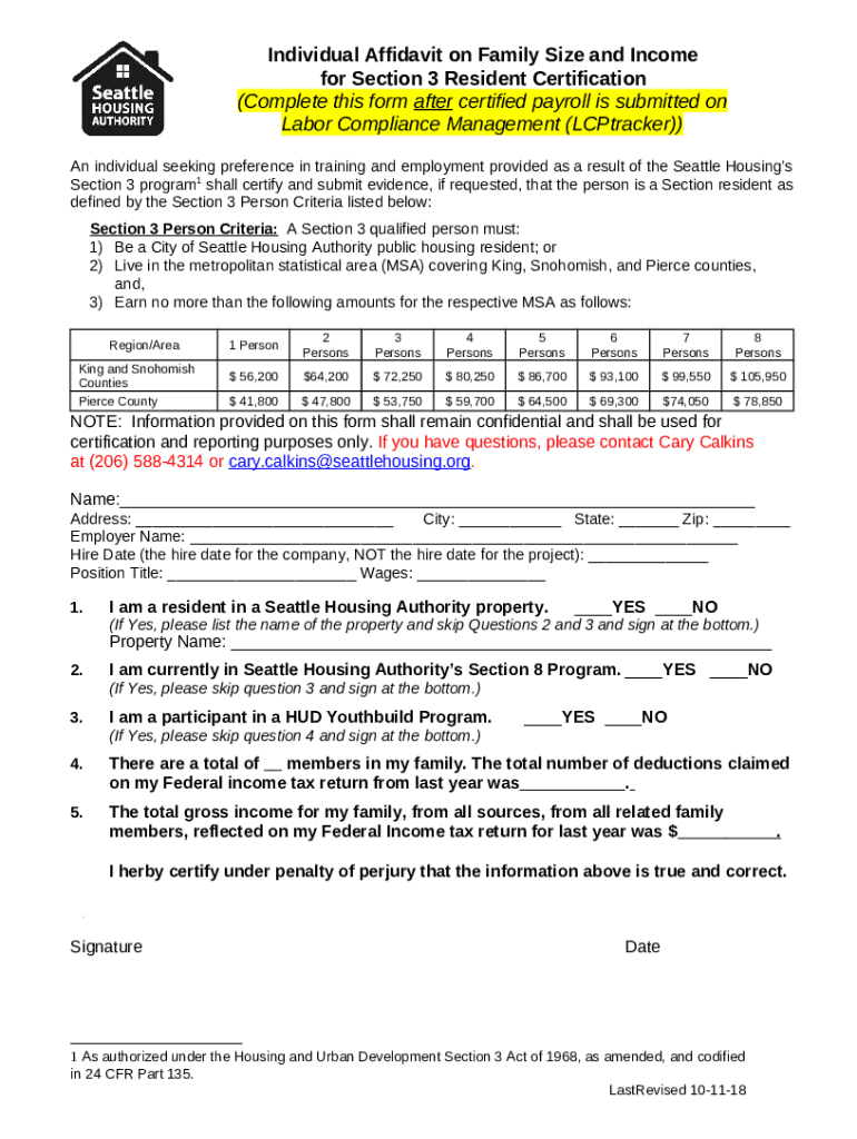 Individual Affidavit on Family Size and Income for Section 3 ... Doc Template | pdfFiller
