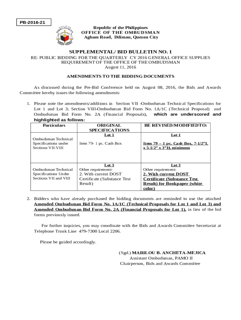 Bid Bulletin No. 1PDFPhilippinesPublic Law Doc Template | pdfFiller