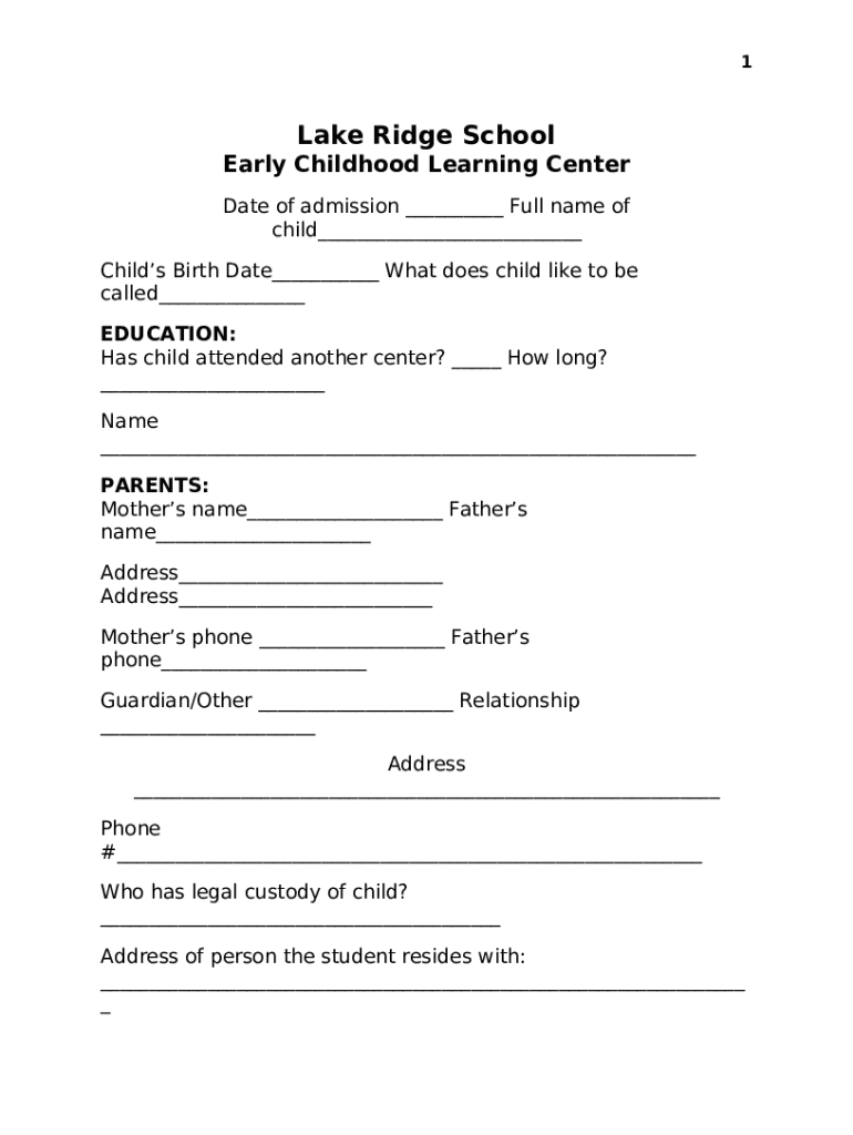 EDUCARE - Lake Ridge Elementary School Doc Template | pdfFiller