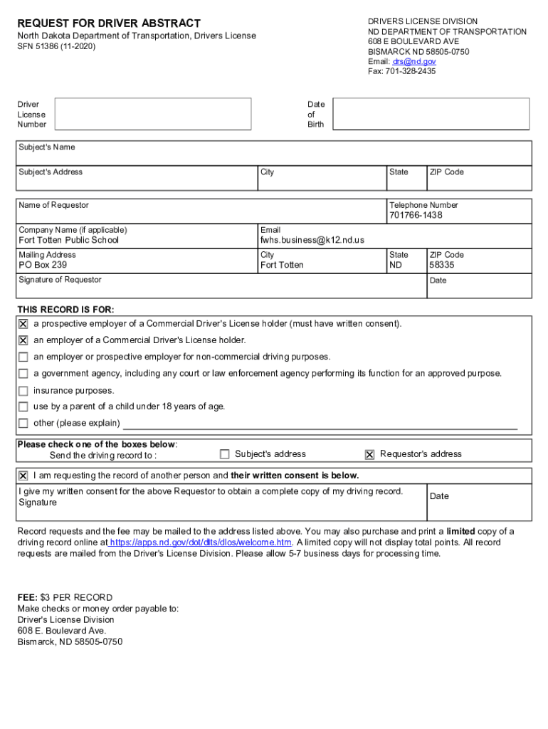 Fillable Online North Dakota Driving Record Request Form (SFN 51386 ...
