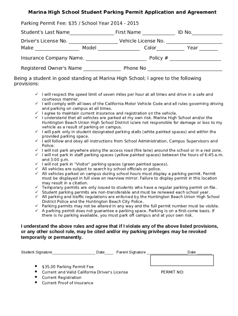 Marina High School Student Parking Permit Application and Agreement Doc ...
