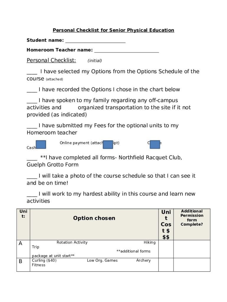 Personal Checklist for Senior Physical Education Doc Template | pdfFiller