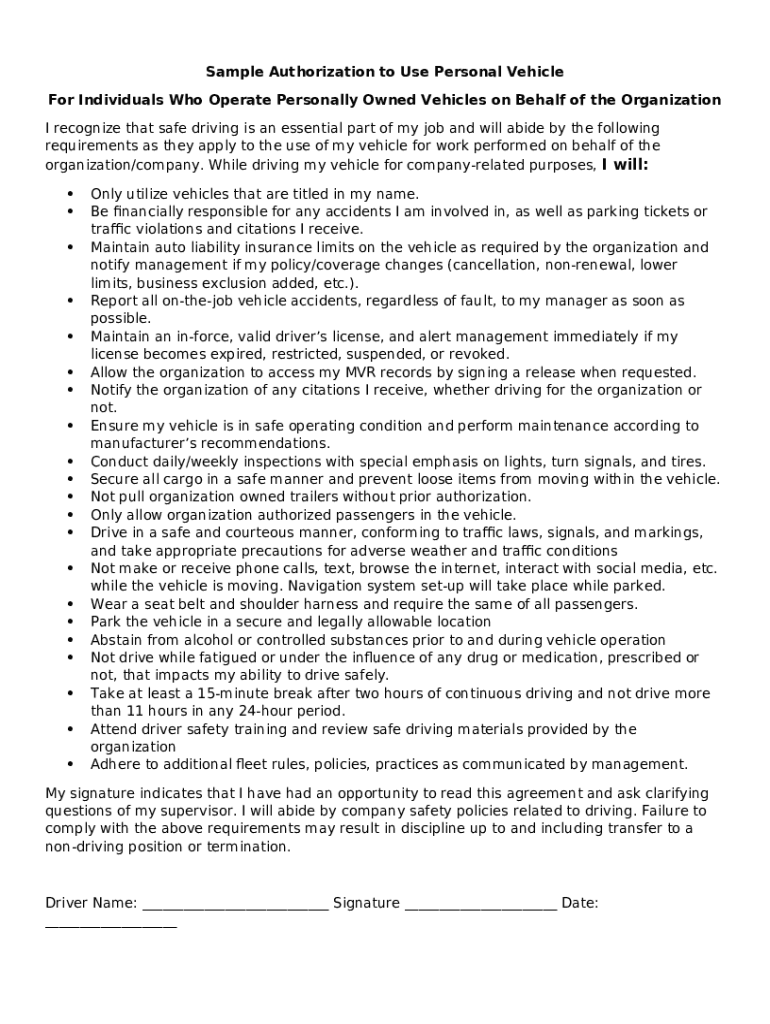 Authorization to Use Personal Vehicle on Behalf of ... Doc Template ...