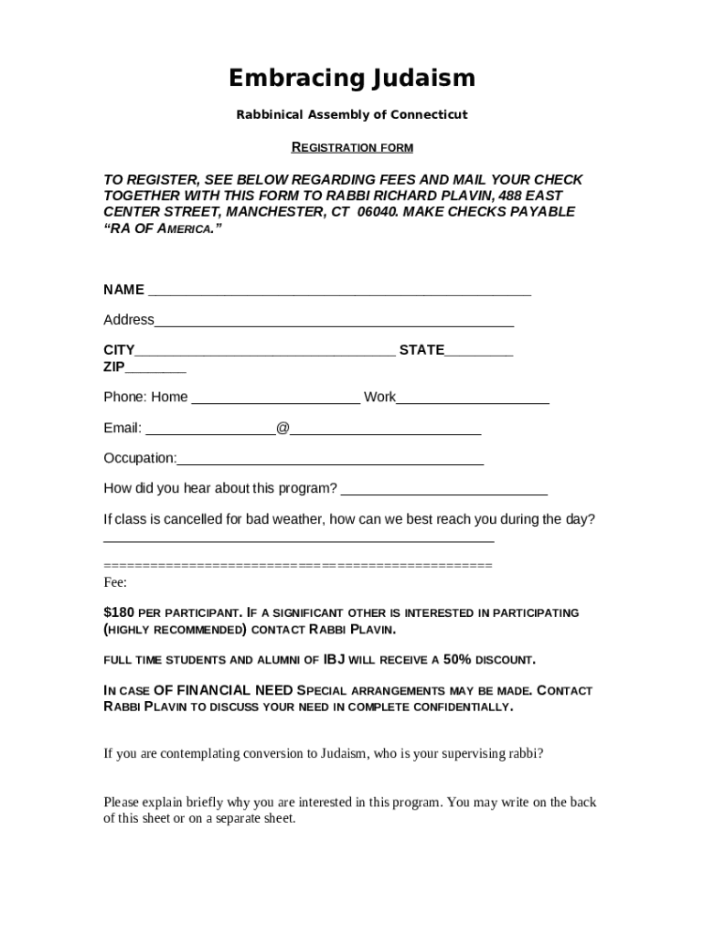 Registration - Embracing Judaism Doc Template | pdfFiller