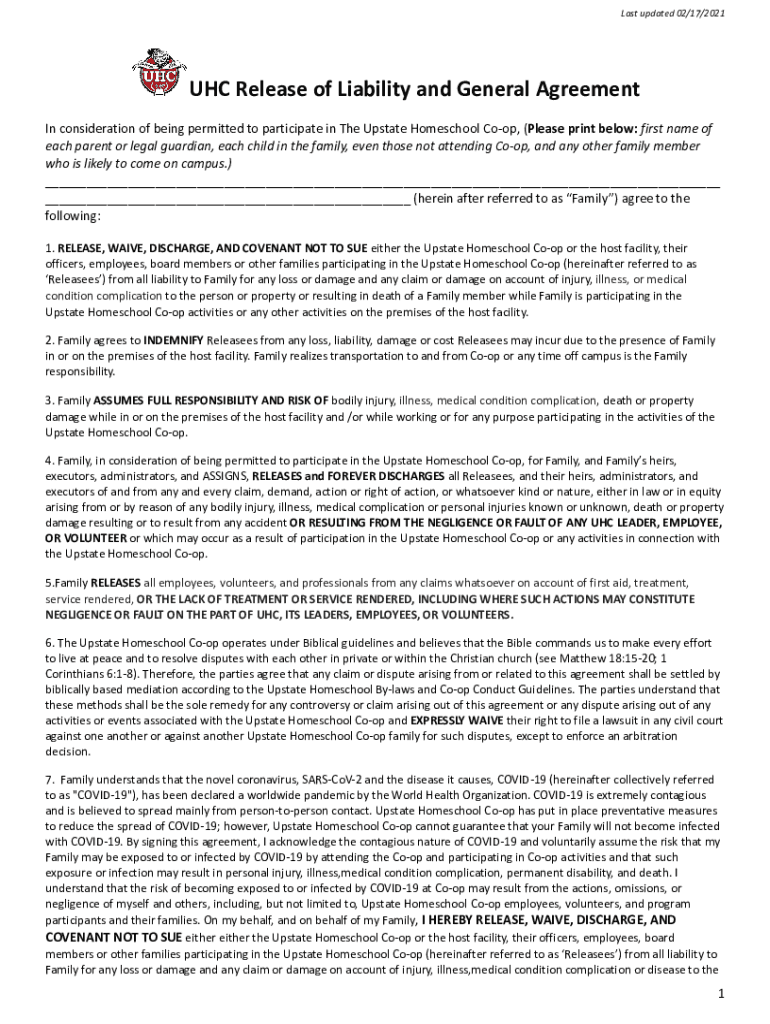 Fillable Online UHC Release of Liability and General Agreement Fax ...