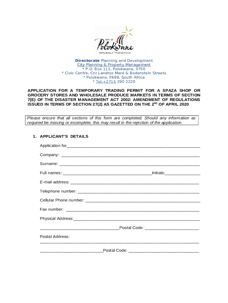 Temporary Application for Street Trading during ... Doc Template ...
