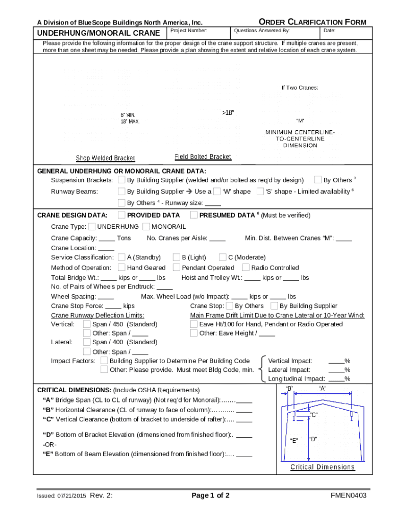 Crane Ination - Underhung/Monorail. BBNA Order Clarification Doc Template | pdfFiller