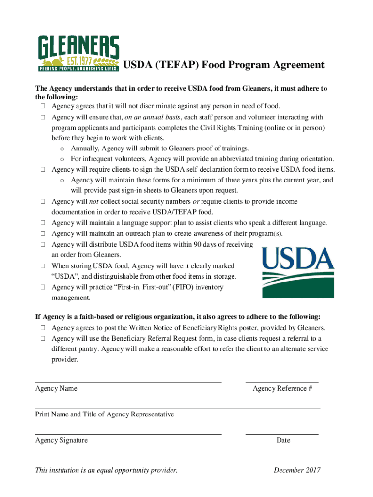 Fillable Online USDA (TEFAP) Food Program Agreement Fax Email Print ...