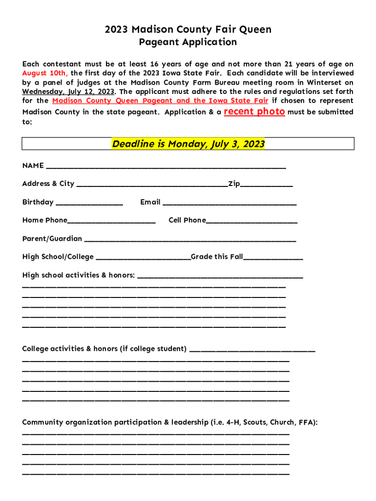 Fillable Online Madison County 4-H Fair Queen Pageant Application Fax ...