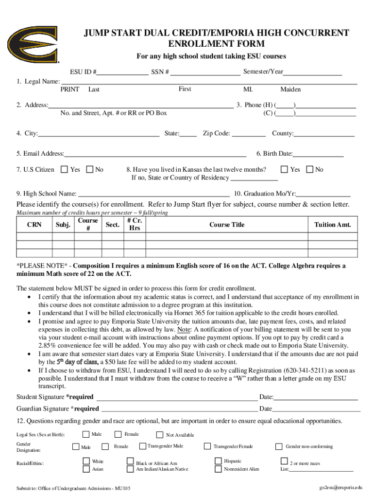 Fillable Online ESU JUMP START CONCURRENT ENROLLMENT FORM Fax Email Print - pdfFiller