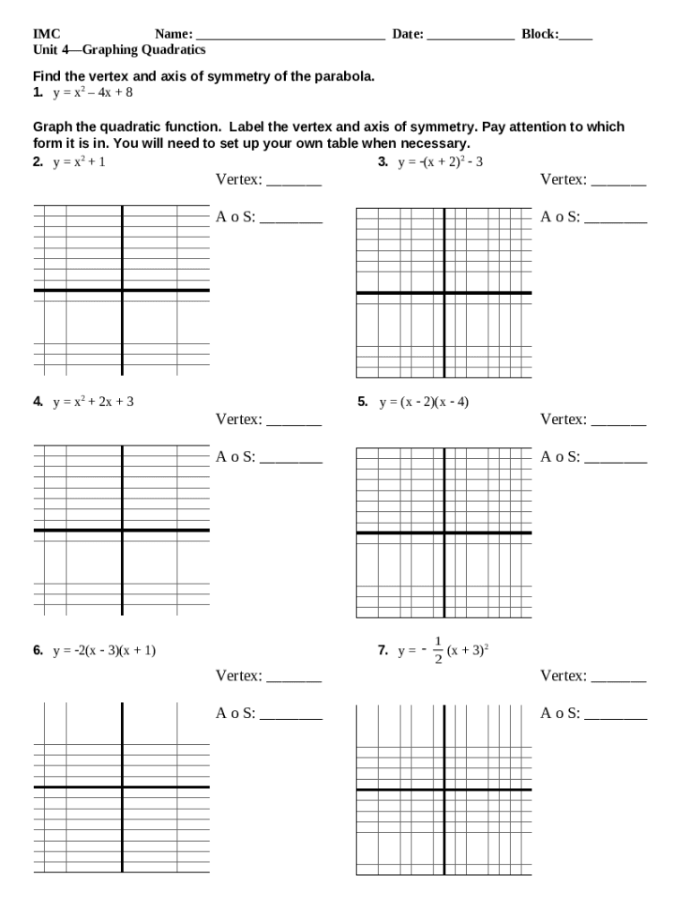 4.1C Graphing Quadratic Equations in Vertex Doc Template | pdfFiller