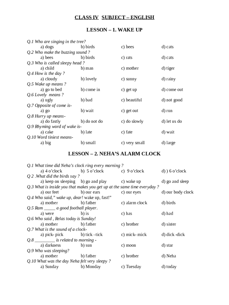 NCERT Solutions for Class 4 English Chapter 1 - Wake Up! ... Doc Template | pdfFiller