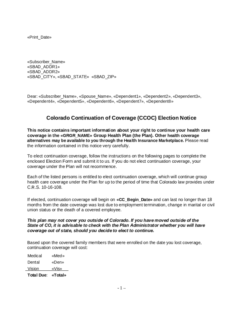 Group Coverage Continuation Election Doc Template | pdfFiller