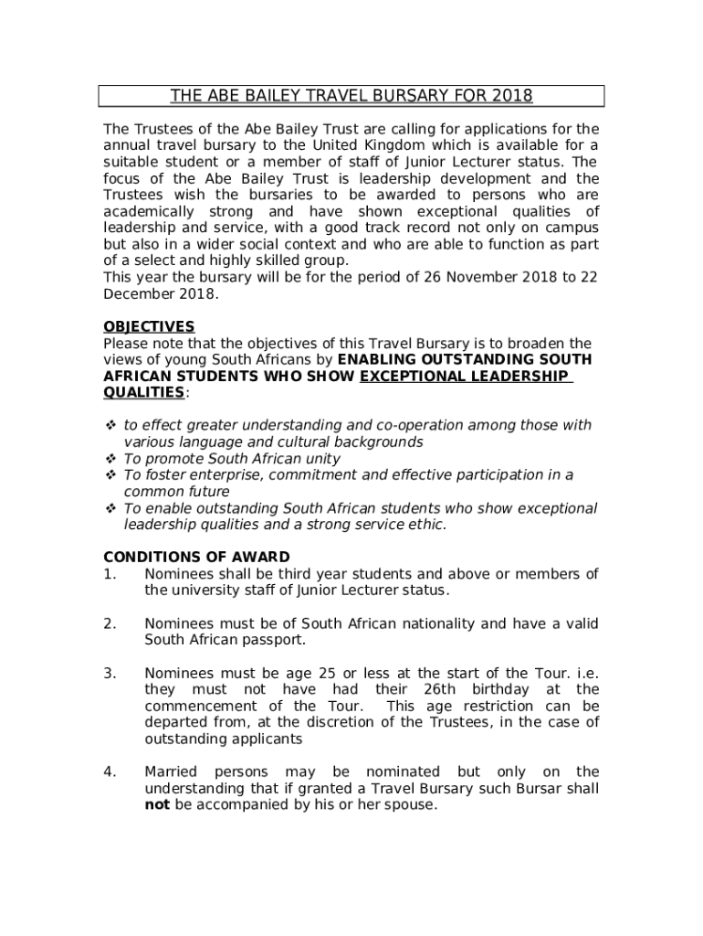 The Abe Bailey Trust again offers a travel bursary for a ... - clms ukzn ac Doc Template | pdfFiller