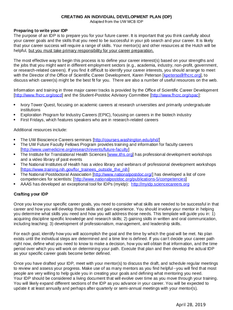 CREATING AN INDIVIDUAL DEVELOPMENT PLAN (IDP): Doc Template | pdfFiller