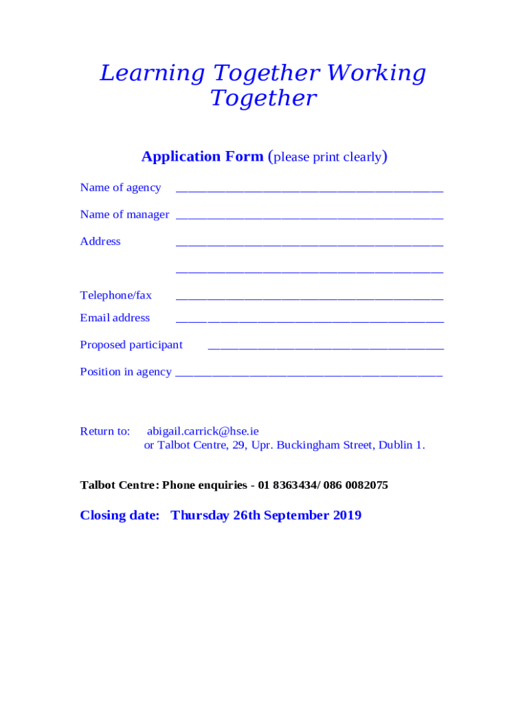 Learning Together Working Together Application Doc Template | pdfFiller