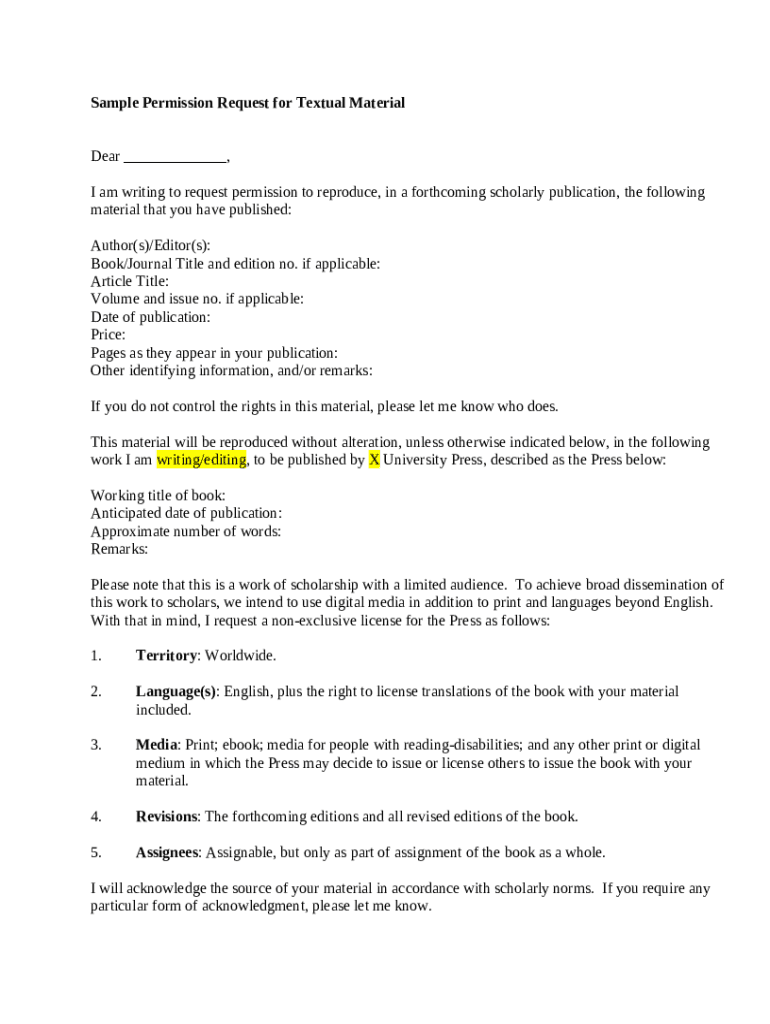 Sample Permission Request for Textual Material Doc Template | pdfFiller