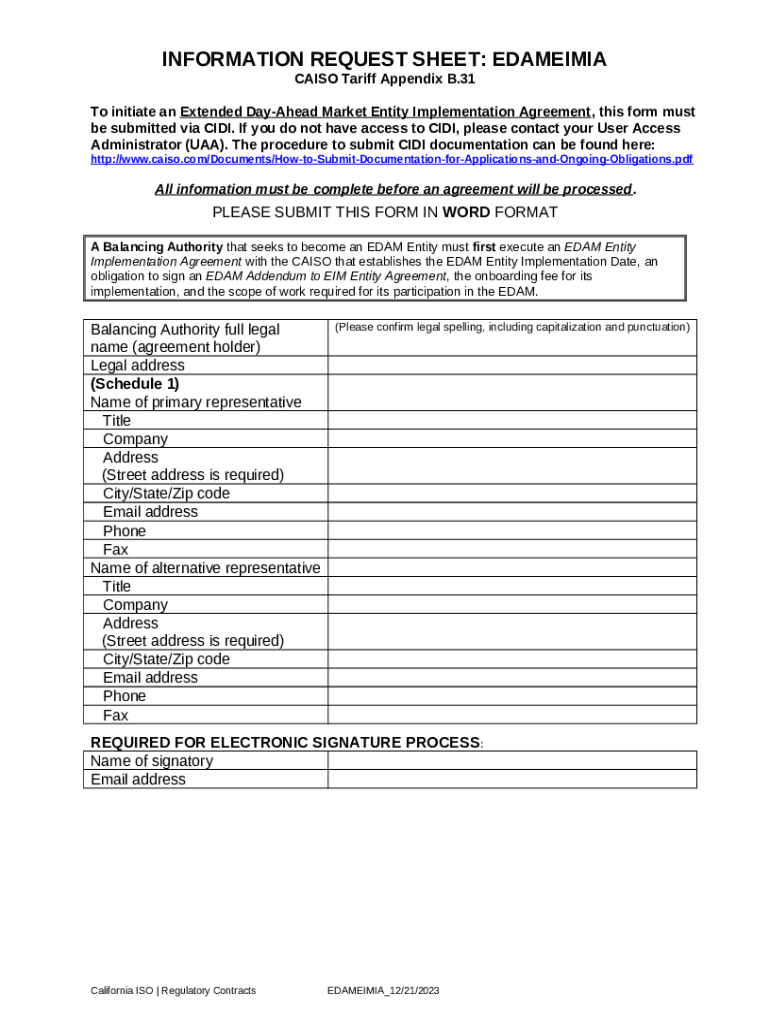 EDAM Entity Implementation Agreement Ination Request Sheet Doc Template ...