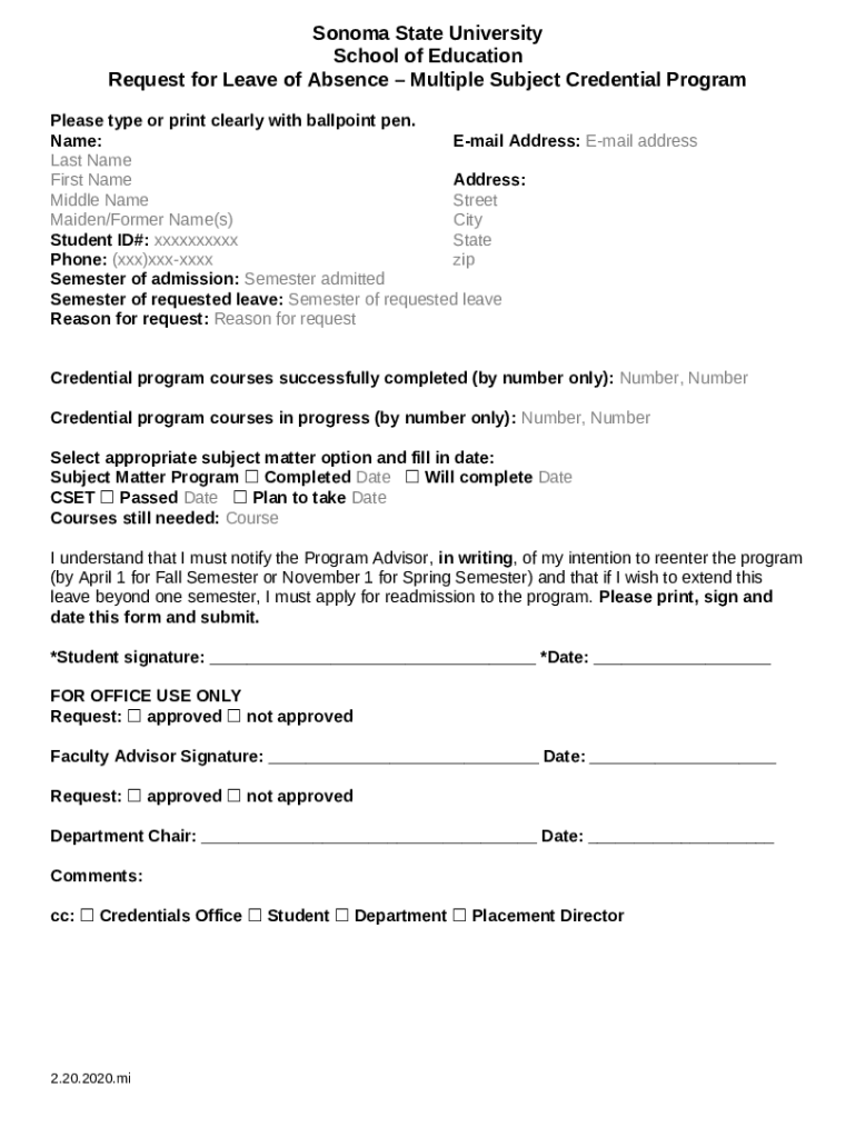 Request for Leave of AbsenceMultiple Subject Credential Program Doc Template | pdfFiller