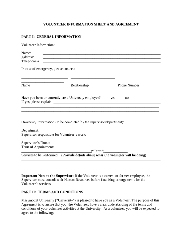 VOLUNTEER INATION SHEET AND AGREEMENT Doc Template | pdfFiller