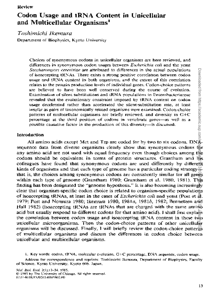 Fillable Online Codon Usage And Trna Content In Unicellular And Fax