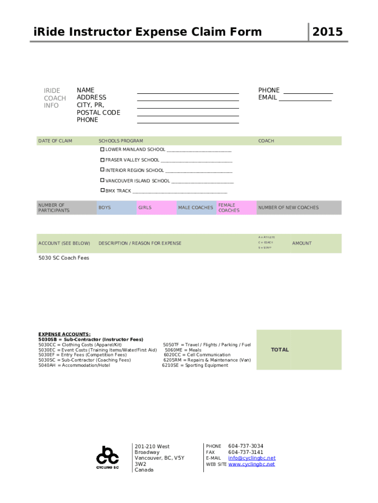 iRide Instructor Expense Claim Doc Template | pdfFiller
