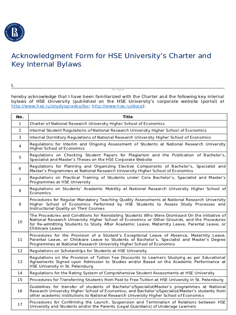 Acknowledgment for HSE University's Charter and Key ... Doc Template ...