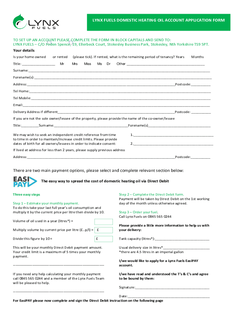 Fillable Online LYNX FUELS DOMESTIC HEATING OIL ACCOUNT APPLICATION FORM Fax Email Print - pdfFiller