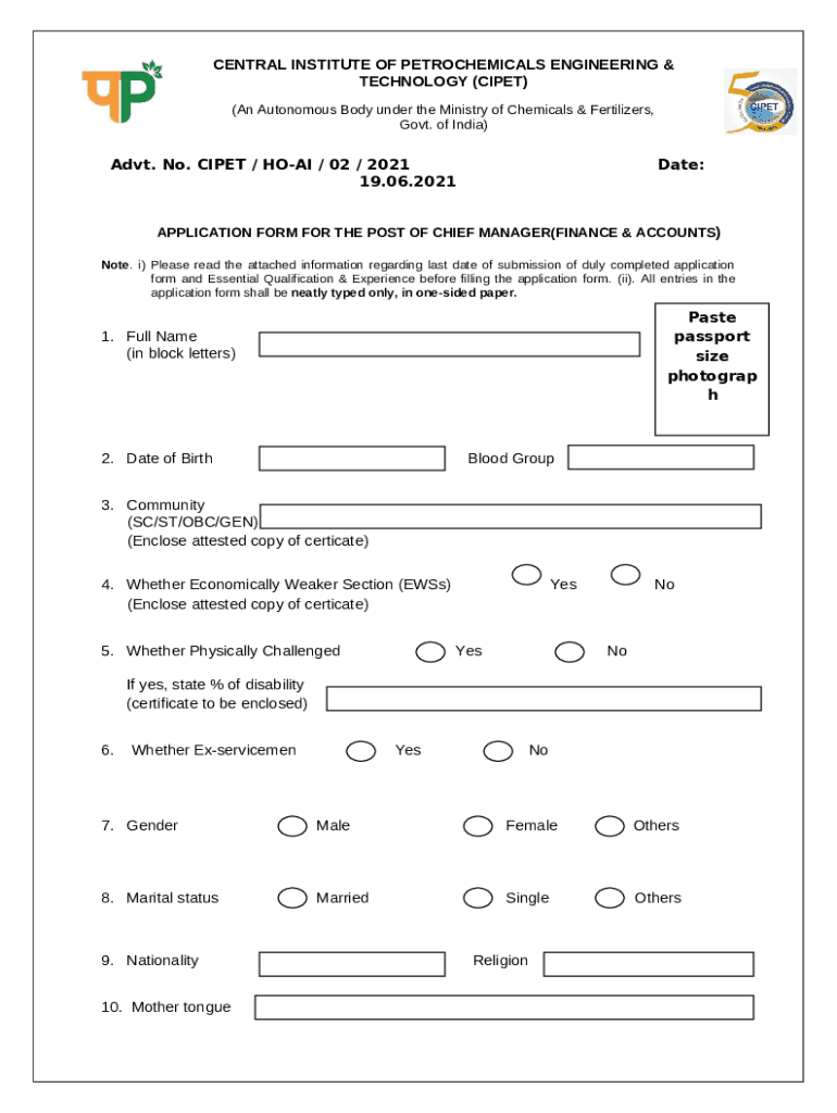 Application for Chief Manager (Finance & Accounts) Doc Template | pdfFiller