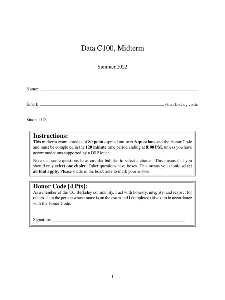 Fillable Online Data C100/C200, Midterm 1 - Berkeley Fax Email Print - pdfFiller