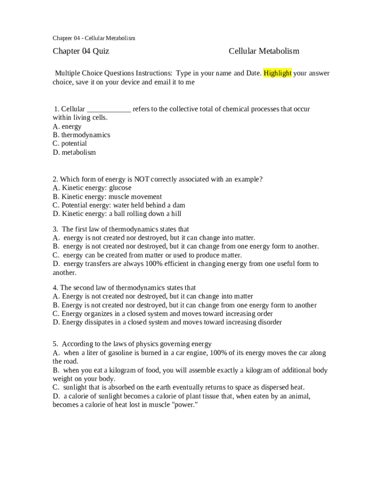 Chapter 4: Cellular Metabolism Test Questions Flashcards Doc Template ...