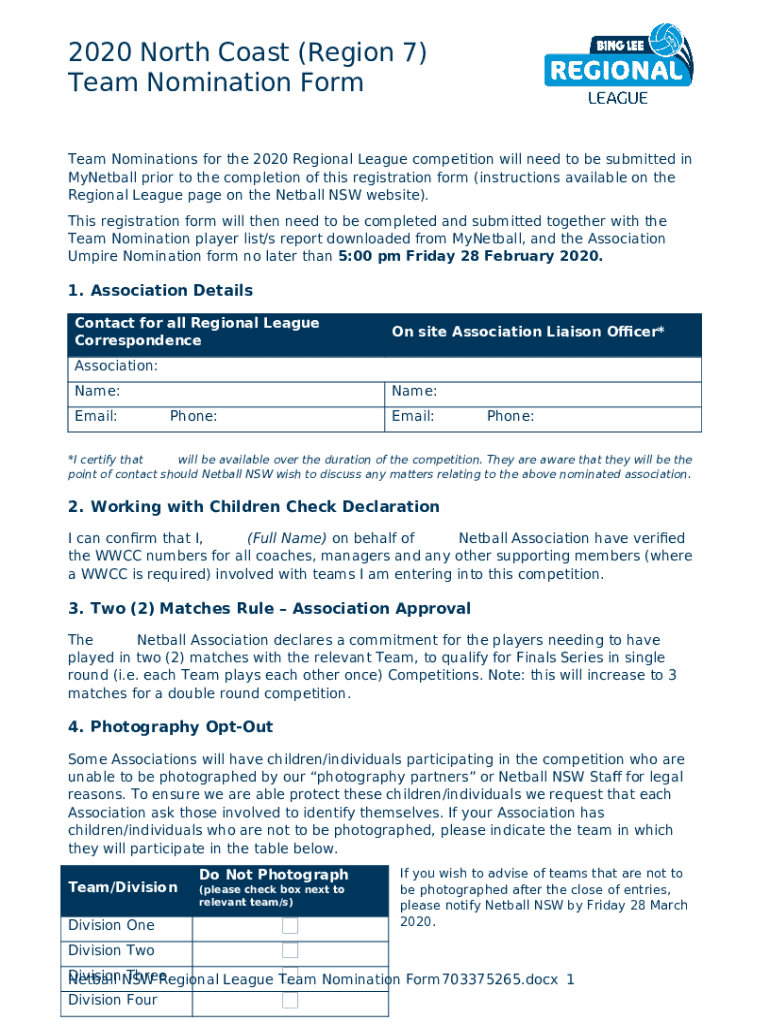 2020 Northern Inland (Region 6) Team Nomination Doc Template | pdfFiller