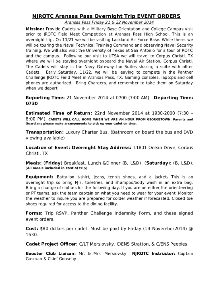 NJROTC Aransas Pass Overnight Trip EVENT ORDERS Doc Template | pdfFiller