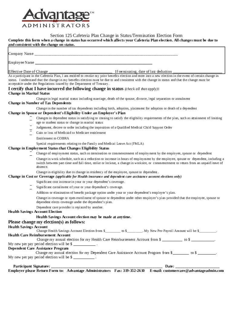 Cafeteria Plan Change in Status Form - Blank Fillable Template | Fill ...