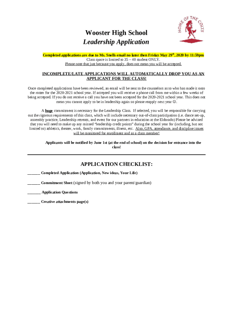 Wooster High School Leadership Application Doc Template | pdfFiller